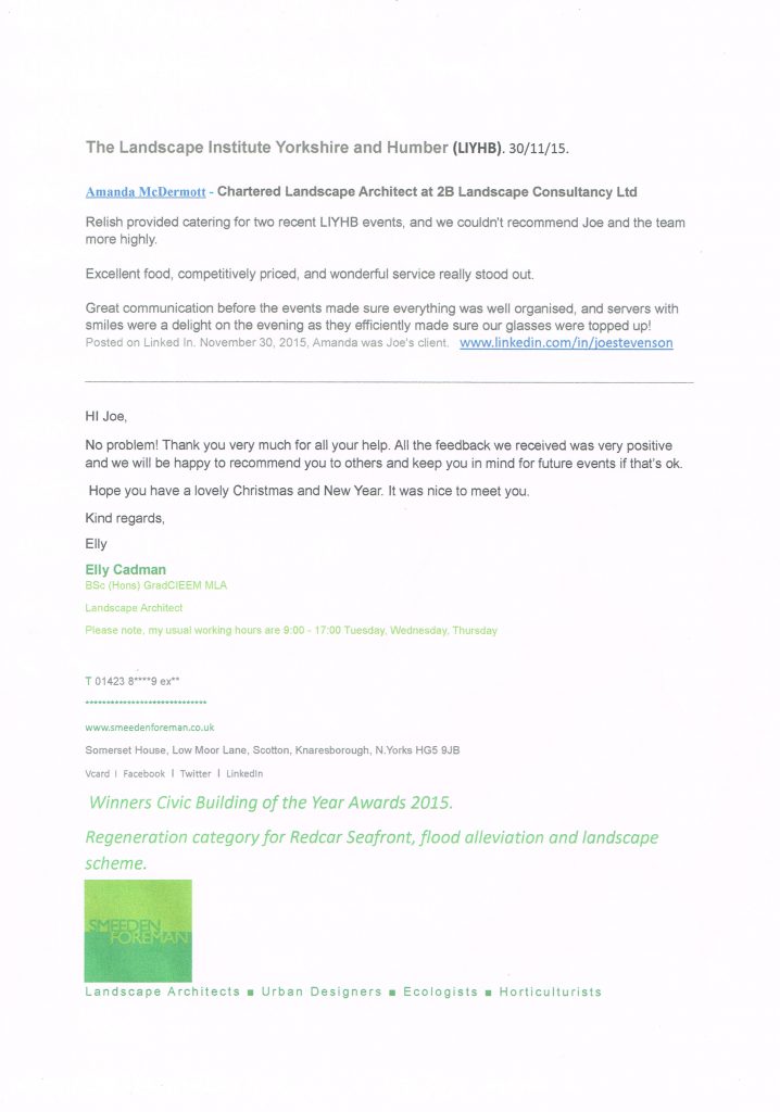 Recommendations and Testimonials : Relish Food